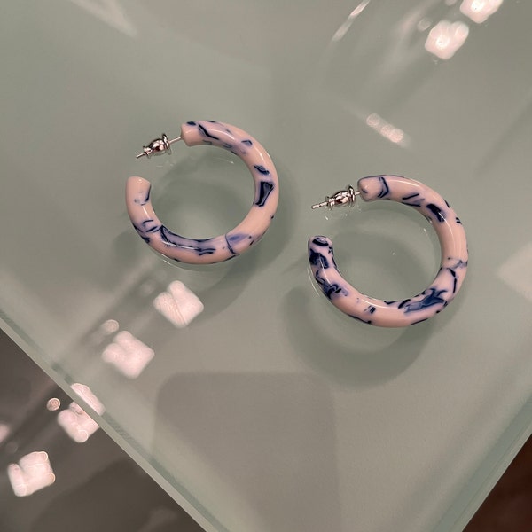 35mm Round Hoops in Porcelain Thick Chunky White and Blue Hoop Earrings ...