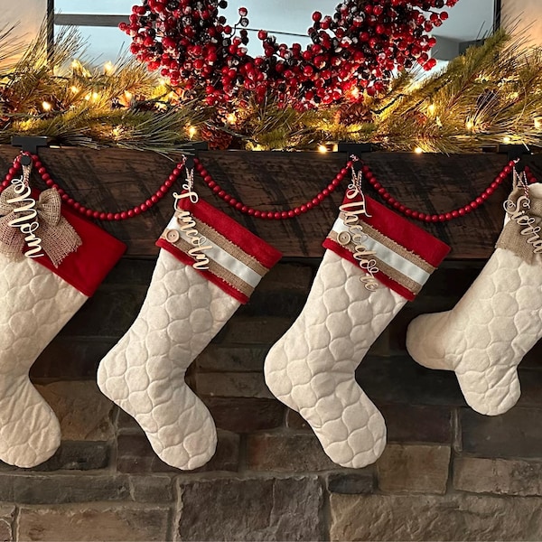 Burlap Stockings Matching Set of 5 Family Christmas Stockings With Red ...
