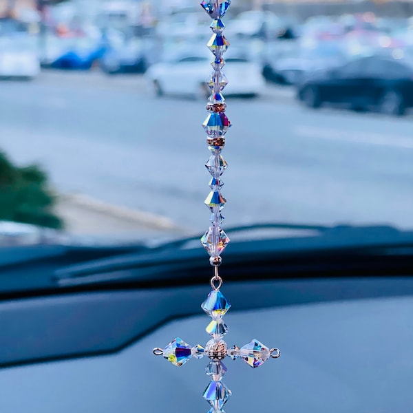 Swarovski Crystal Cross With Angel Car Charm, Rear View Mirror Charm ...