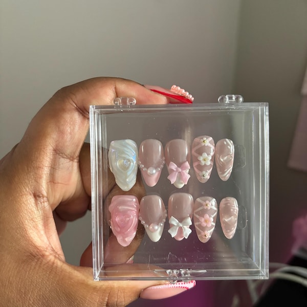 Pink and White Charm Press on Nails - Etsy