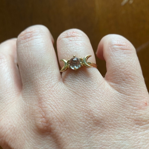 Triple Moon Goddess Ring | Hecate Ring| Natural Opal, Quartz and Blue Topaz Ring | Triple Moon ...