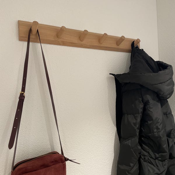 Dowel Peg Rail With Straight Edge by TOMAZIN | Oak Hook Board, Coat Hat ...