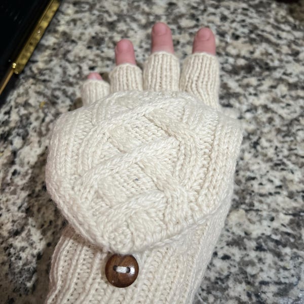 Hand Knit Gray Flower Fingerless Gloves Wool Texting Mittens Fleece ...