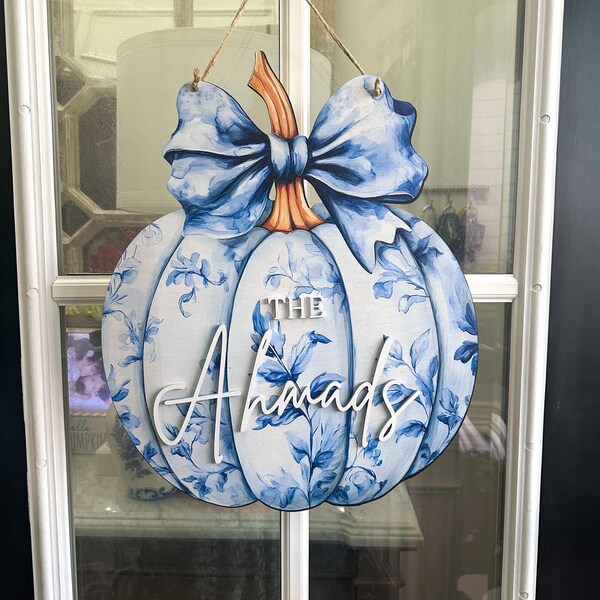 Fall Door Sign | Chinoiserie Pumpkin Sign | Personalized Name Sign ...