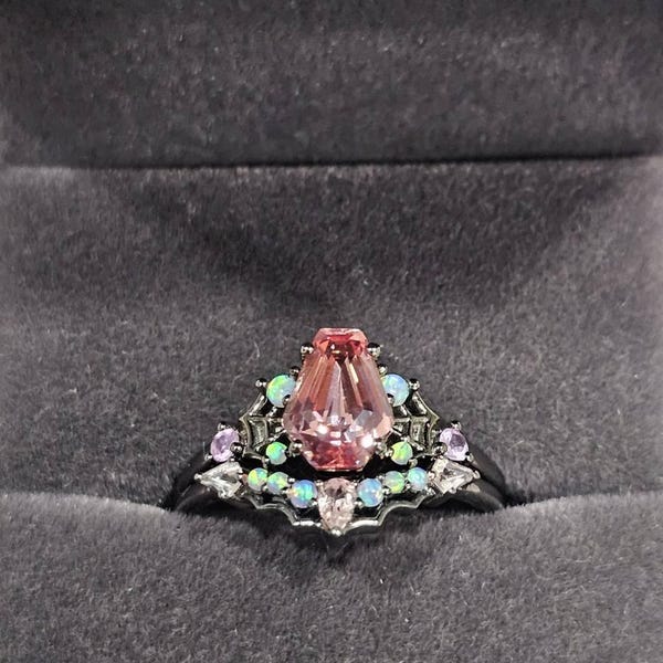 Spider Web Coffin Pink Sapphire Engagement Ring Set Rose Gold Opal ...