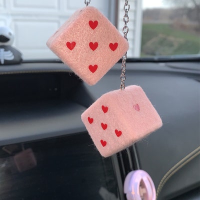 Baby Pink Fuzzy Dice With Red Hearts and Chain or Cord / Car ...