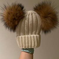 Adult Double Pom Pom Hat Matching Adult and Baby Real Fur Pom Pom Hat ...
