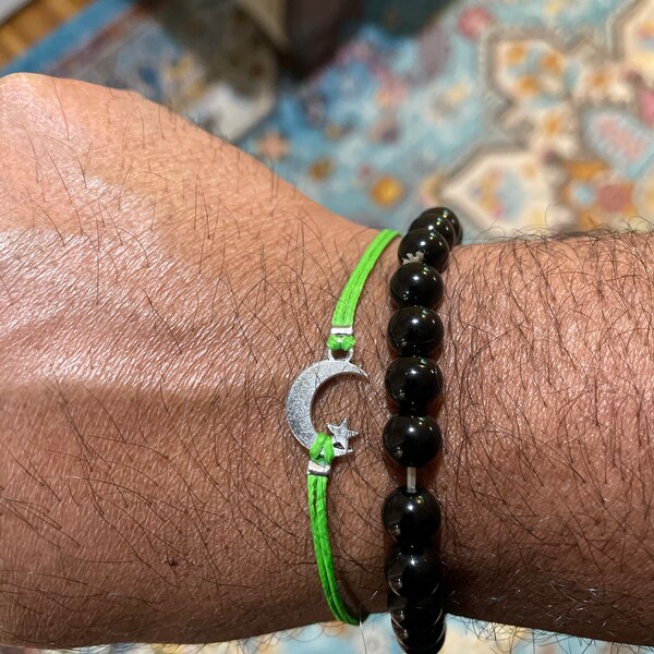 Men's Bracelet Silver Crescent Moon Charm Bracelet for Men Gray String ...