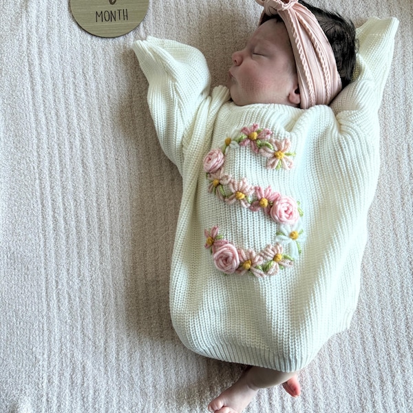 Embroidered Flower Initial Sweater | Personalized Baby Sweater ...