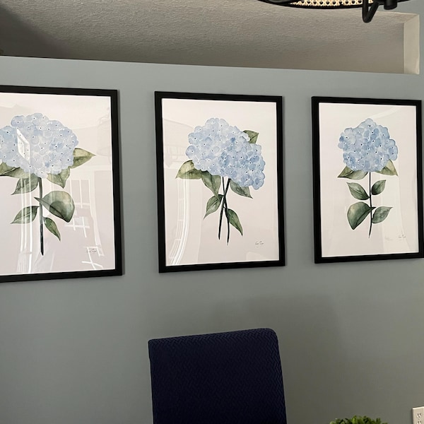 Light Blue Hydrangea Print Set of 3 Minimalist Artwork Botanical Fine ...