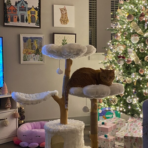 Wooden Cat Tree Tower, Wood Floral Cat Tree Tower, Modern Cat Tree, Cat ...