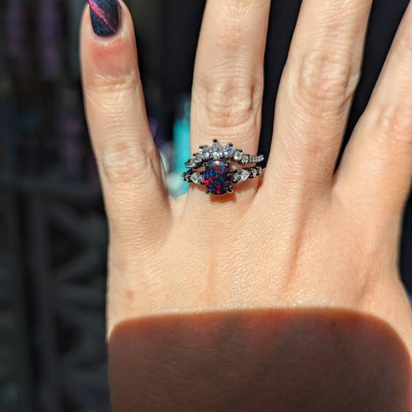 Vintage Black Fire Opal Ring Set, Black Rhodium Plated Sterling Silver Wedding Band, Black ...