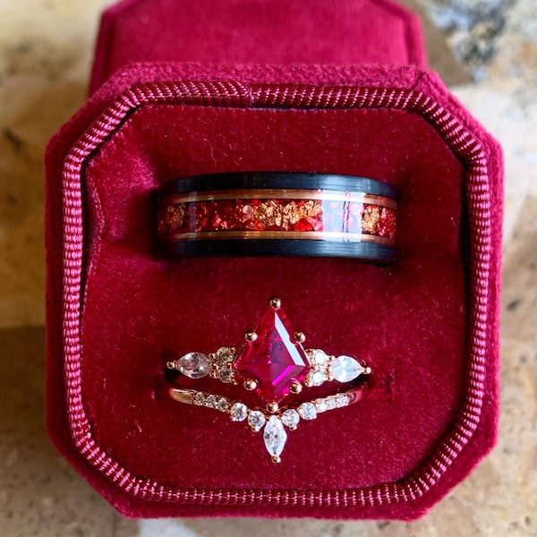 Skye Rose Gold Ruby Leaf Couples Ring Set- His and Hers Matching ...