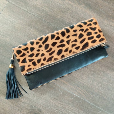 Leopard Clutch With Tassel, Foldover Clutch Leopard Print, Fold Over ...