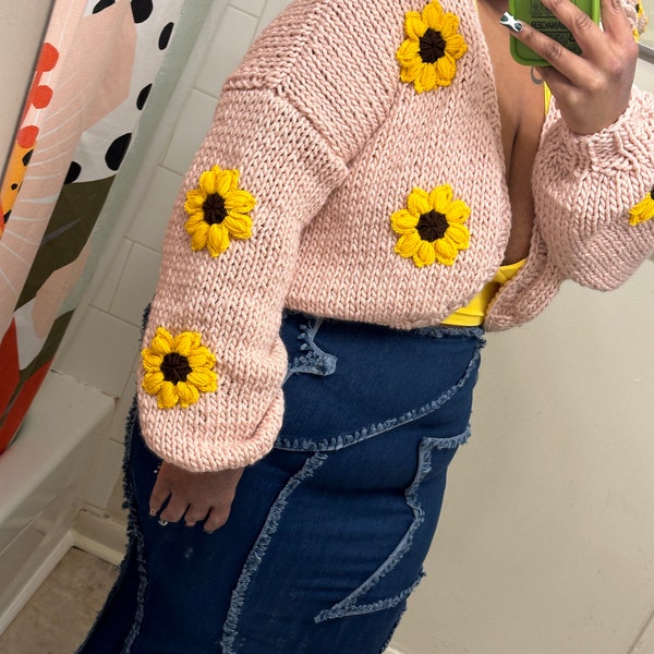 Blue Sunflower Cardigan, Trendy Women Clothes, Floral Crop Sweater ...
