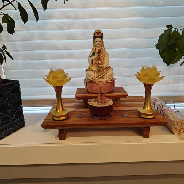 2 Altar Table Set, 2 Tier Altar Tables, Teak Wood, Crystal Shelf, Small ...