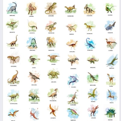 54 Dinosaur Types With Names Posters Jurassic Dinosaurs Watercolor Art T-rex Stegosaurus ...