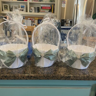 Ivory or White Satin Flower Girl Basket-steel Blue Satin Ribbons/white ...