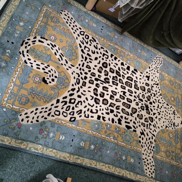 Leopard Pattern Rug Red & Blue Stunning Carpet Animal Print Rug for ...