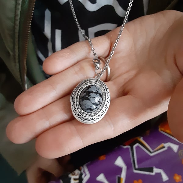 Stone Oval Locket Necklaces in Onyx, Black and Gray Snowflake Obsidian ...