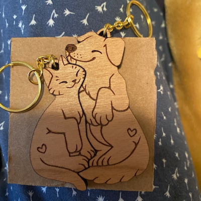 Dog and Cat Couple Keychains Friendship or Relationship Matching Wooden ...