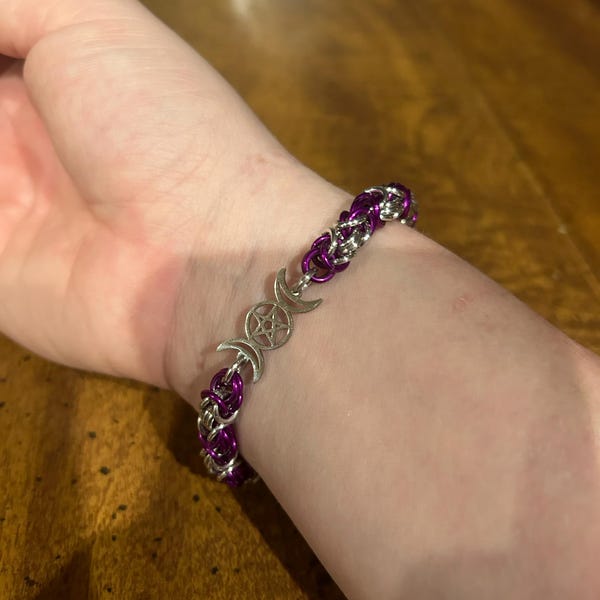 Custom Triple Moon Goddess Chainmail Bracelet, Witchy Wiccan Jewelry ...