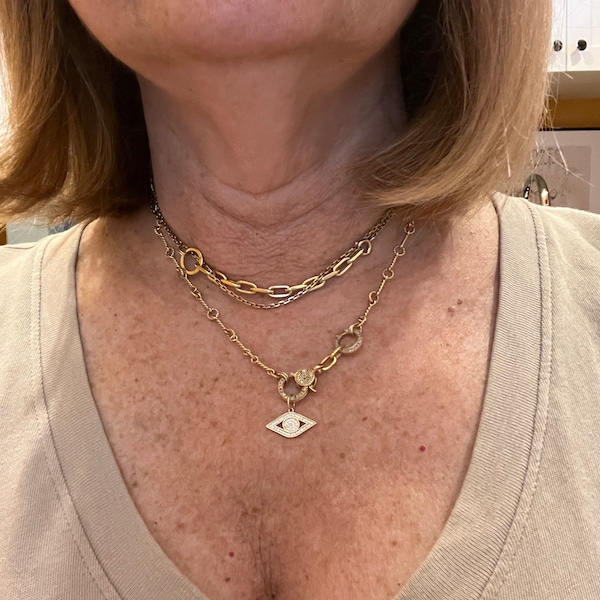 Thick Round Charm Enhancer 14K Solid Gold With Thick Oval Link Lariat ...