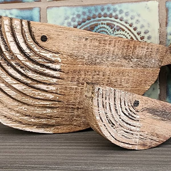 Wooden Carved Whales / Set of 2 / Rustic Coastal Decor / Mother and ...