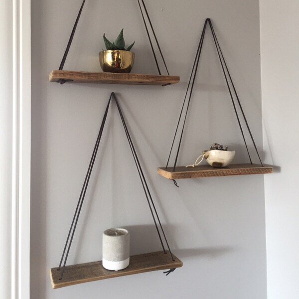 Swing Shelf Reclaimed Wood Shelf Wood and Leather Urban Shelf Simple ...