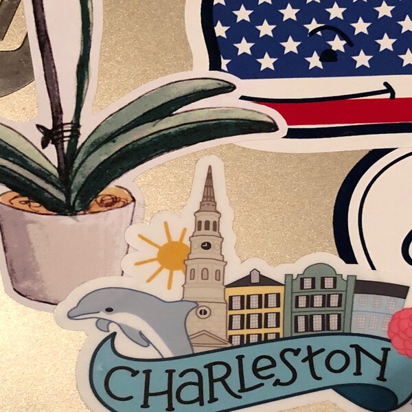 Charleston South Carolina Vinyl Sticker, Rainbow Row, Dolphin, Water ...