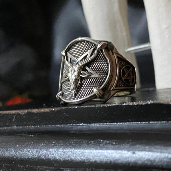 Baphomet Ring, Sigil of Baphomet Inverted Pentagram 925 Sterling Silver Satanic Satan Ring Gift ...