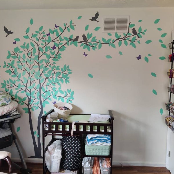 Blowing Tree Vinyl Sticker ,tree With Leaves Wall Decal, Blowing Tree ...