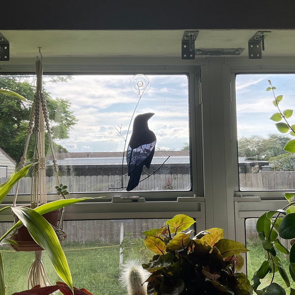 Stained Glass Raven on the Branch Crow Stained Glass Suncatcher Window ...