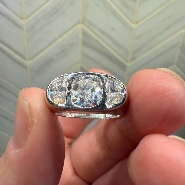 Bezel Set Moissanite Ring Three Stone Moissanite Engagement Ring 3.00 Ctw Cushion Moissanite ...