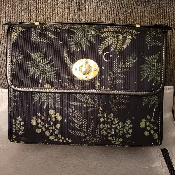 Boho Fern Forest Black Canvas Satchel Bag, Green Crossbody Moon Purse ...