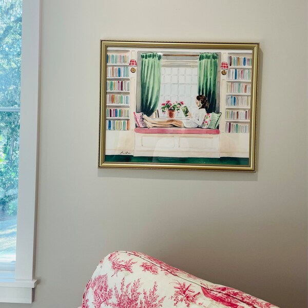 Reading Girl in Her Library Art Print, Preppy Book Art, Girly Book ...