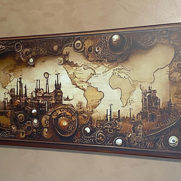 Antique Steampunk World Map Canvas Wall Art, Unique Industrial Avant ...