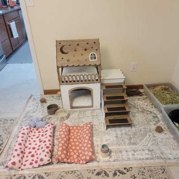 Large Wooden Rabbit House Indoor, Handmade Pet Gift, Two Storey Rabbit ...