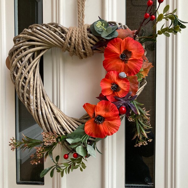 Gorgeous Wicker Autumn Remembrance Red Poppy Hanging Heart/wreath Wall ...