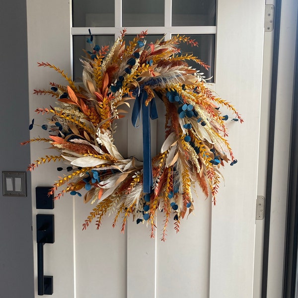 Blue and Orange Fall Eucalyptus Wreath With Pampas Grass Boho Style ...