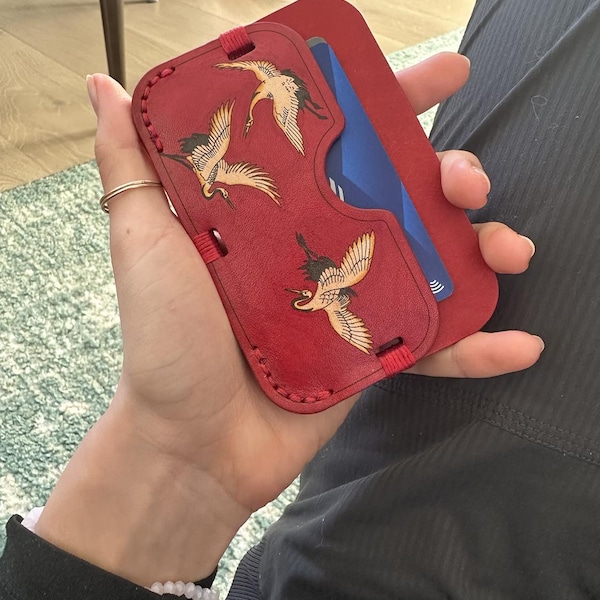 Engraved Crane Leather Card Holder: Personalized Slim Wallet - Etsy