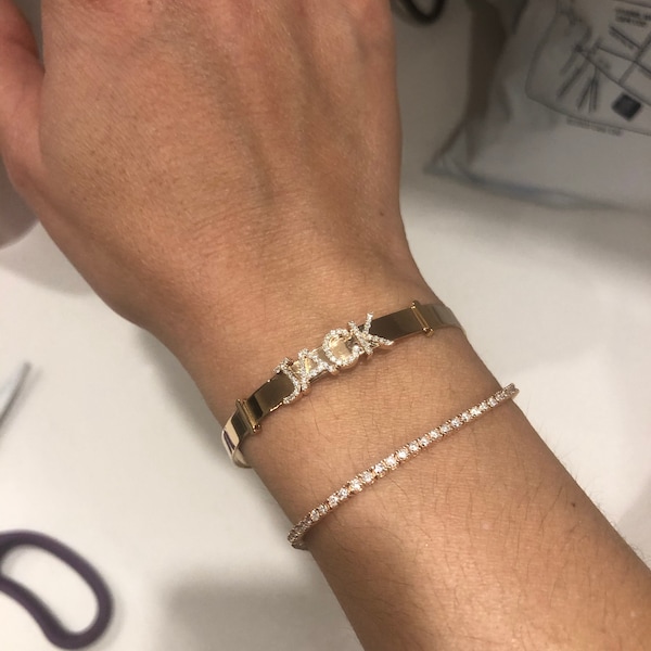 Gold Bangle / 14k Gold Sliding Diamond Initials Bangle / 5 MM Wide ...