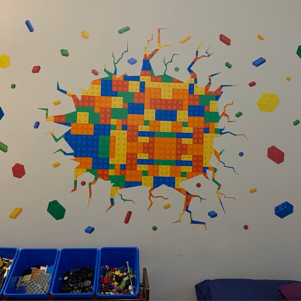 Building Blocks Wall Decal, Fabric Mural, Crack in the Wall, Colorful ...
