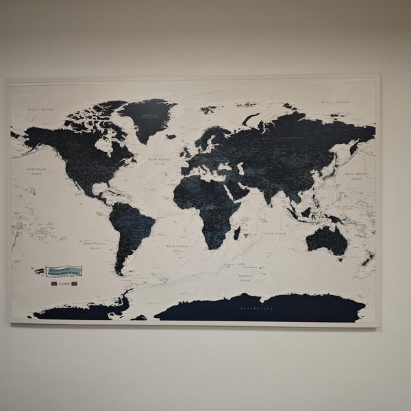 Personalized World Travel Map With Push Pins, Teal Blue Art of Places I ...