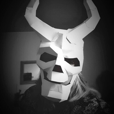 Horned Skull, Demon Paper Mask, Lowpoly 3D Papercraft Mask Template ...