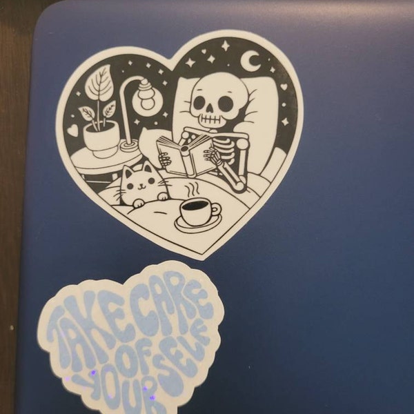 Skeleton Reading With Cat Vinyl Sticker: Spooky Book Lover Gift - Etsy