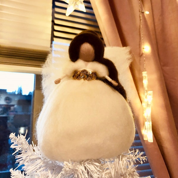 Needle Felt Angel Tree Topper With White and Golden Dress, Christmas ...