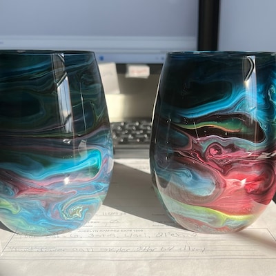 Resin Art Stemless Wine Glasses, Unique Colorful Barware, Eclectic ...