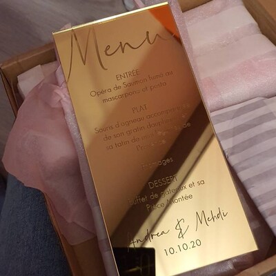 Gold Engraved Mirror Acrylic Menu, Wedding Menus, DL Standing Menu ...