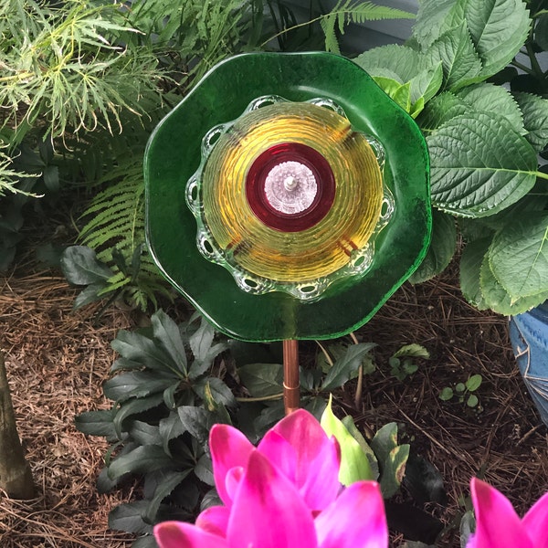 Floral Garden Art Handmade From Copper and Vintage Glassware in Light ...